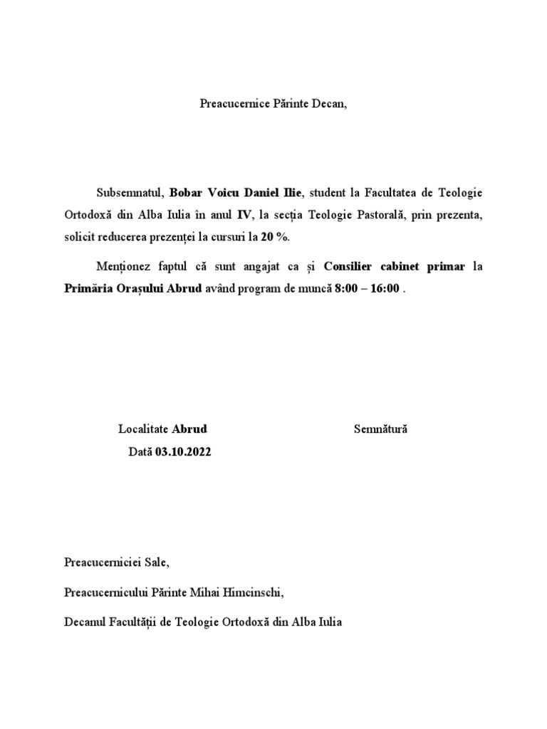 Model Cerere Reducere Prezenta Facultate | PDF