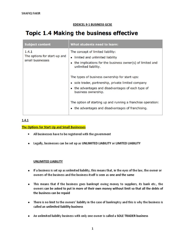 Gcse Business Topic 1.4 Making The Business Effective | PDF ...