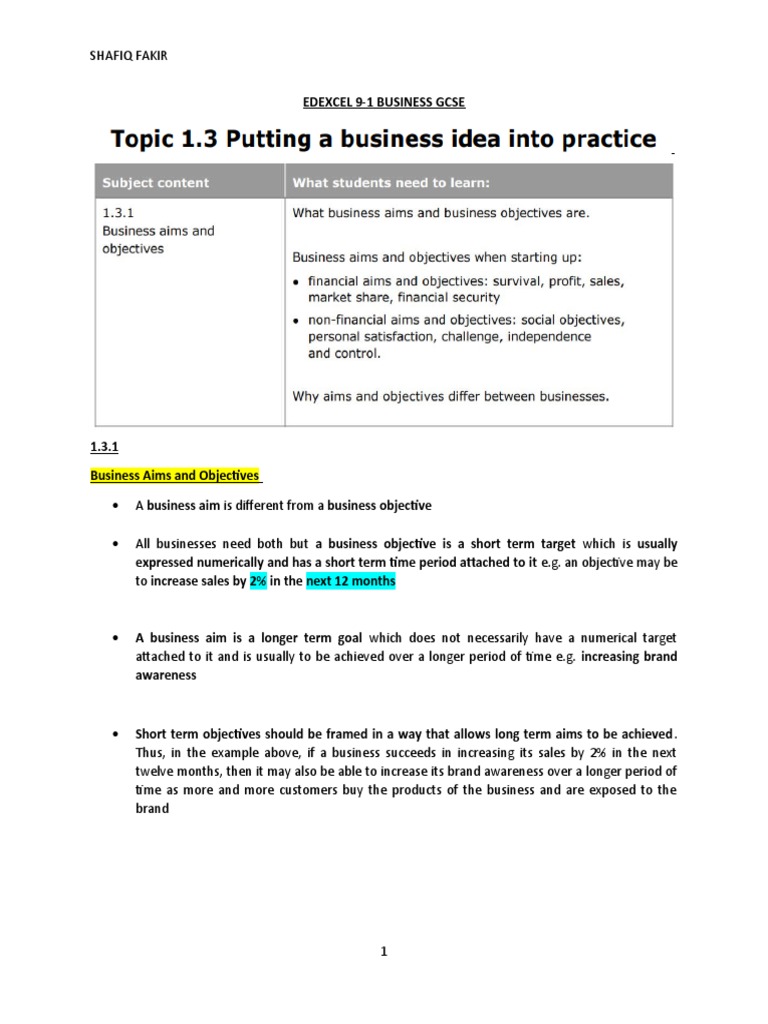 Gcse Business Topic 1.3 Putting A Business Idea Into Practice | PDF