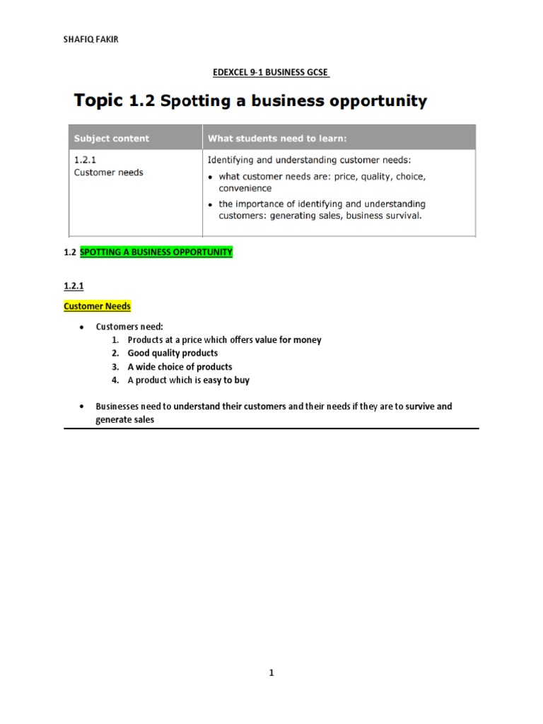 Gcse Business Topic 1.2 | PDF