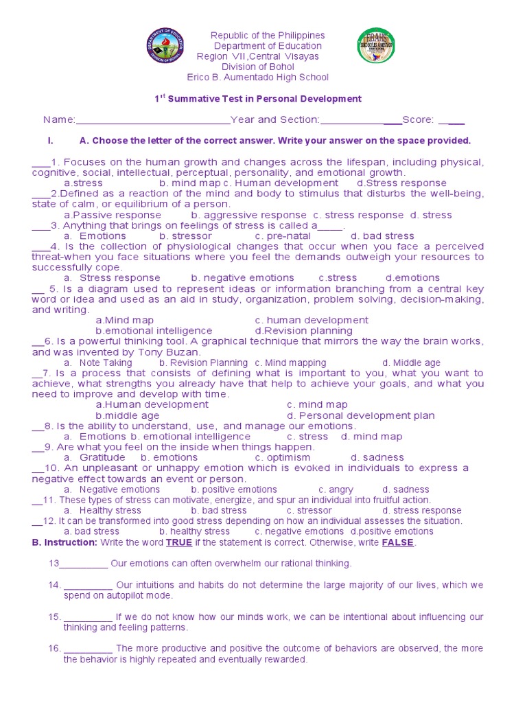 1st Summative Test Personal Development | PDF | Emotions | Stress (Biology)