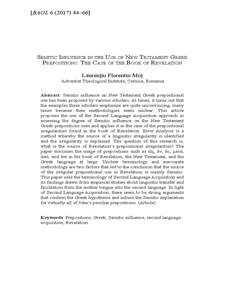 LMOT - Semitic Influence in The Use of NT Greek Prepositions - BAGL - 6 ...