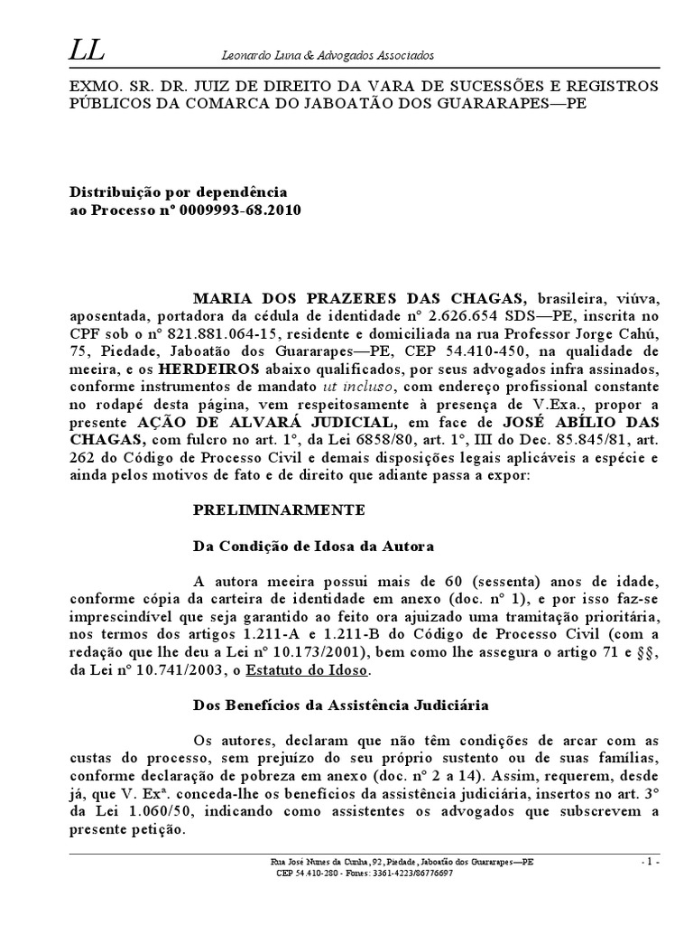 Inicial Ação de Alvará Com Habilitação de Herdeiros | PDF | Processo ...