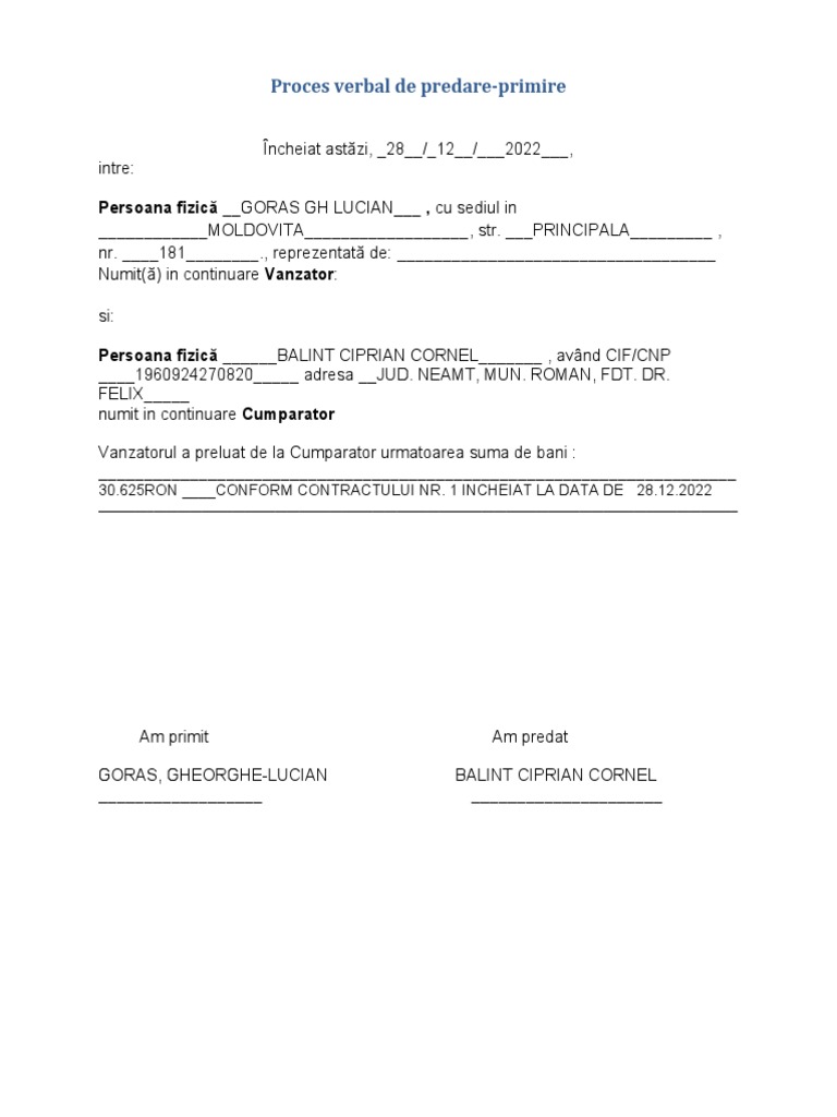 Proces Verbal de Predare Actualizat 2023 | PDF