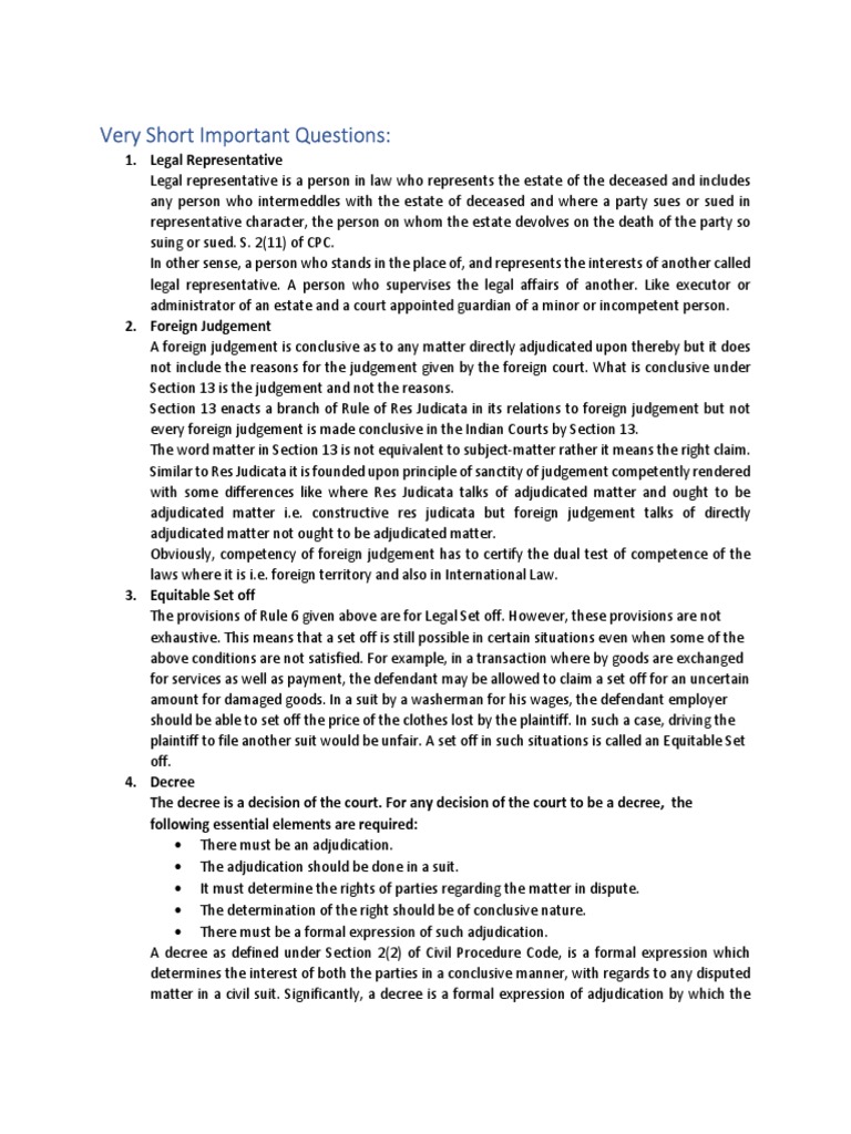 Very Short Important Questions | PDF | Lawsuit | Judgment (Law)