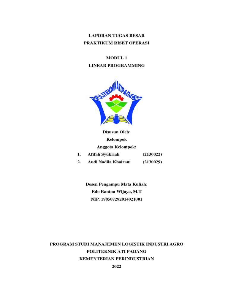 Laporan Besar RO Modul Linear Programming - Afifah Syukriah Dan Audi ...