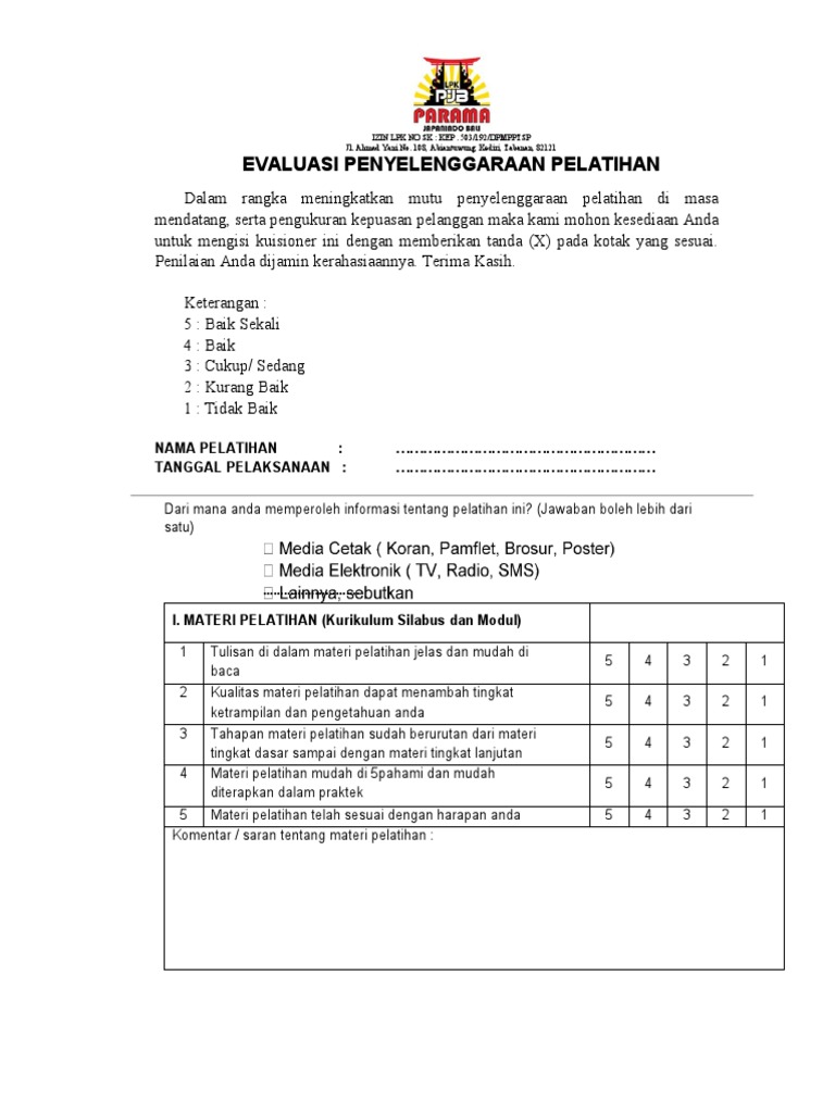 Evaluasi Penyelengaraan Pelatihan | PDF