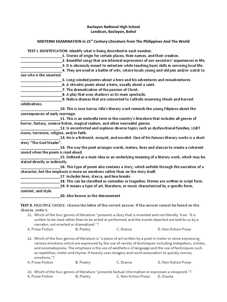 Baclayon High School Literature Midterms | PDF | Poetry | Plot (Narrative)