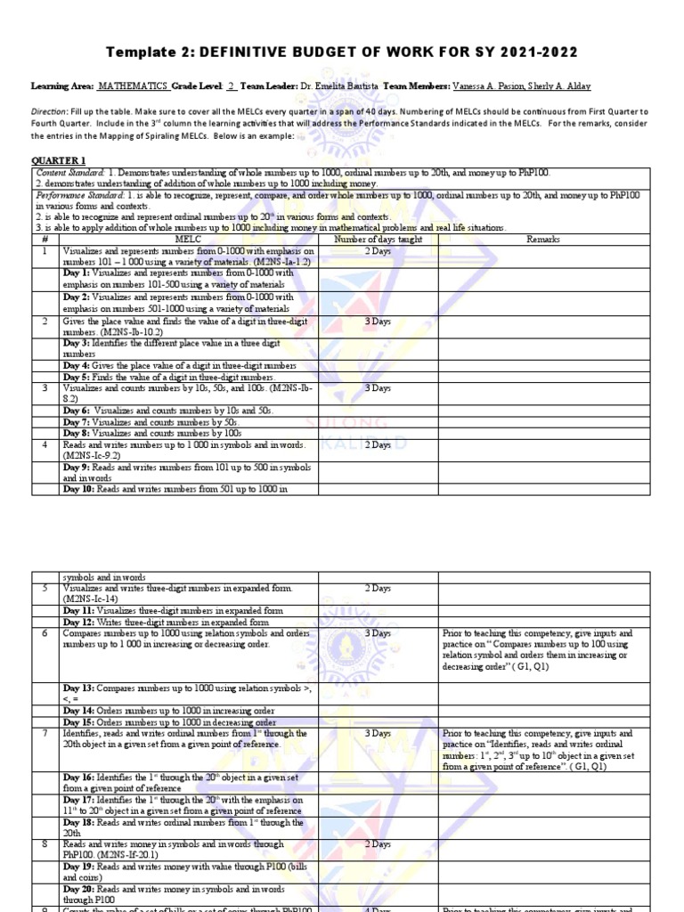 FINAL DBOW Math G2 2 | PDF | Multiplication | Subtraction