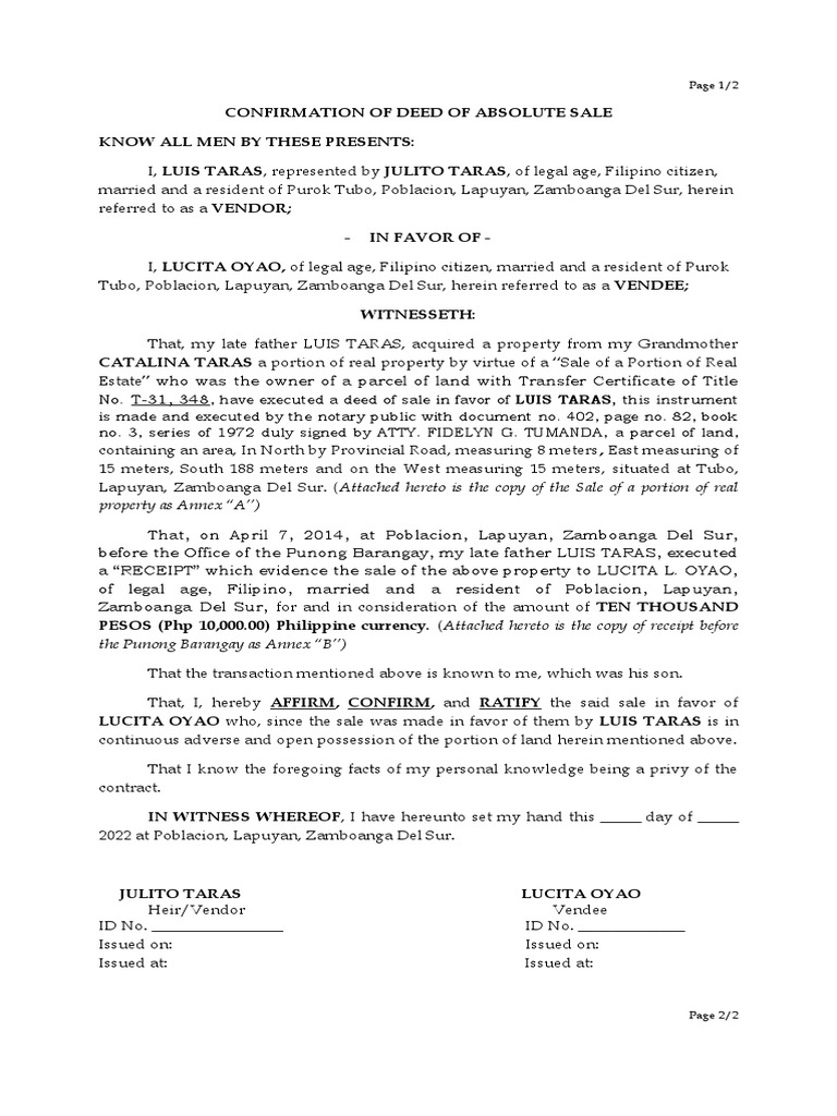 Confirmation of Deed of Sale | PDF | Law And Economics | Civil Law (Common Law)