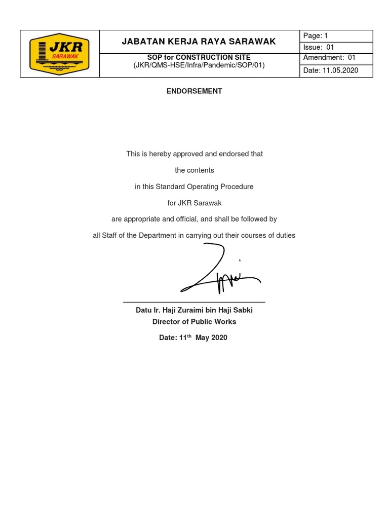 SOP For CONSTRUCTION SITE - JKR - QMS HSE - Infra - Pandemic - SOP - 01 - Re01 | PDF | Health ...