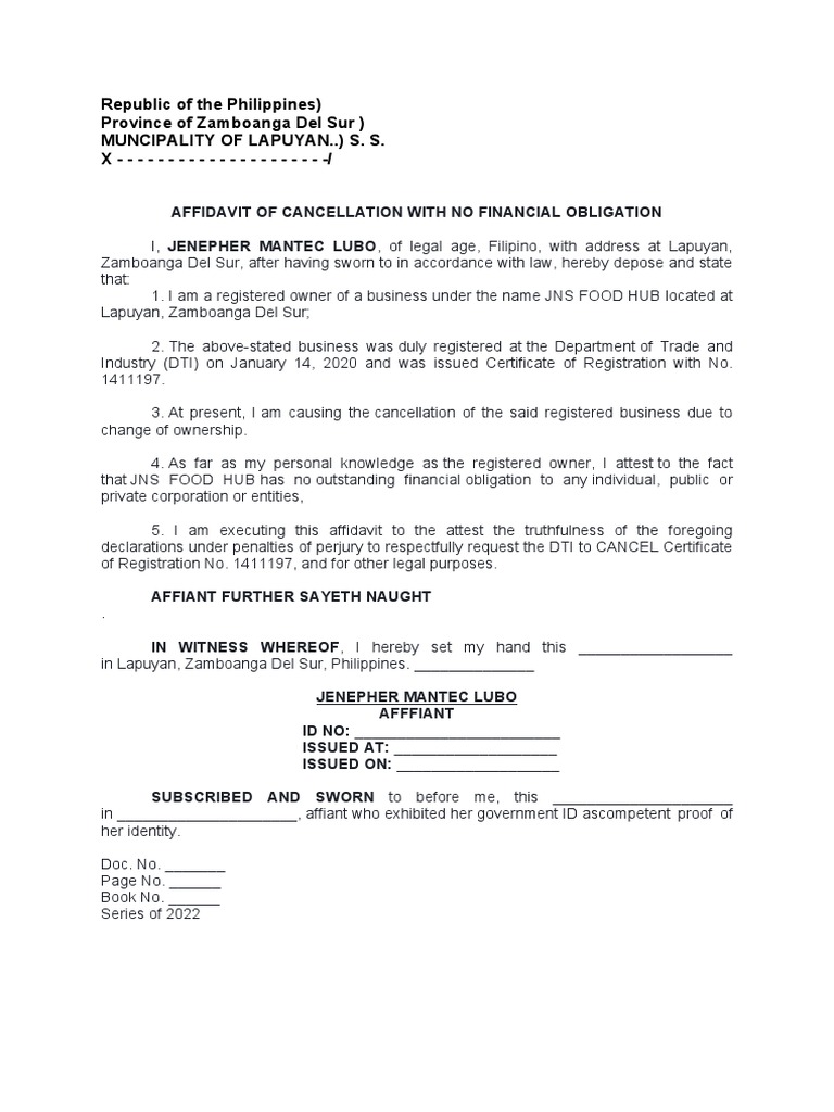 Affidavit of Cancellation With No Pending Obligation | PDF