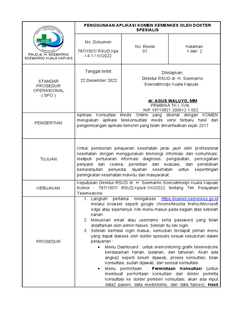 SPO Penggunaan Aplikasi Komen Kemenkes Oleh Dokter Spesialis - Telemedicine | PDF | Bisnis ...