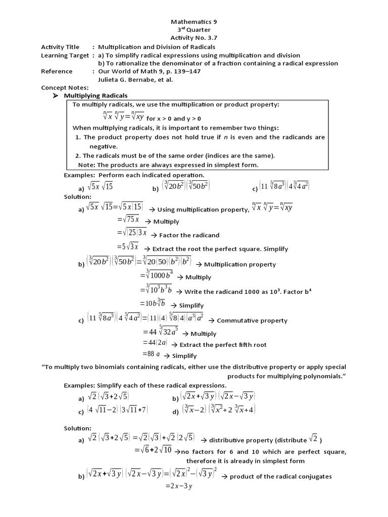 Multiplication & Division of Radicals | PDF | Factorization | Multiplication