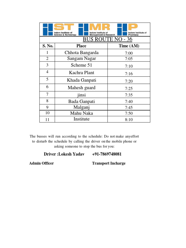 Indore City Bus Timetable Overview | PDF | Bus | Service Industries