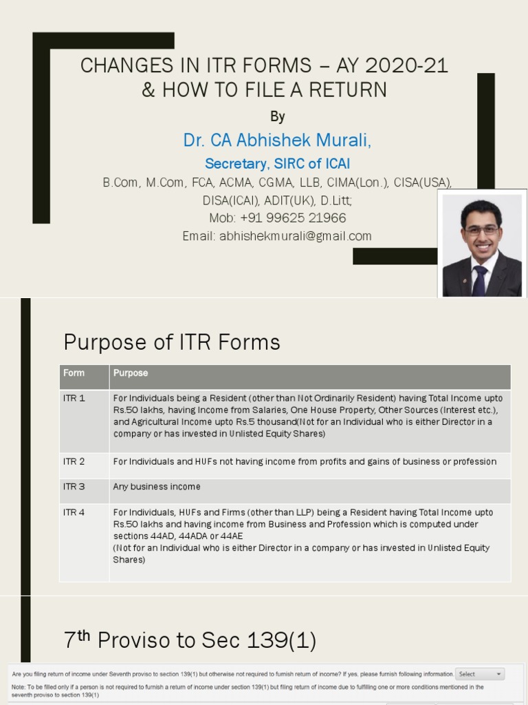 Changes in ITR AY 20-21 by Dr. CA Abhishek Murali | PDF | Taxes | Investing