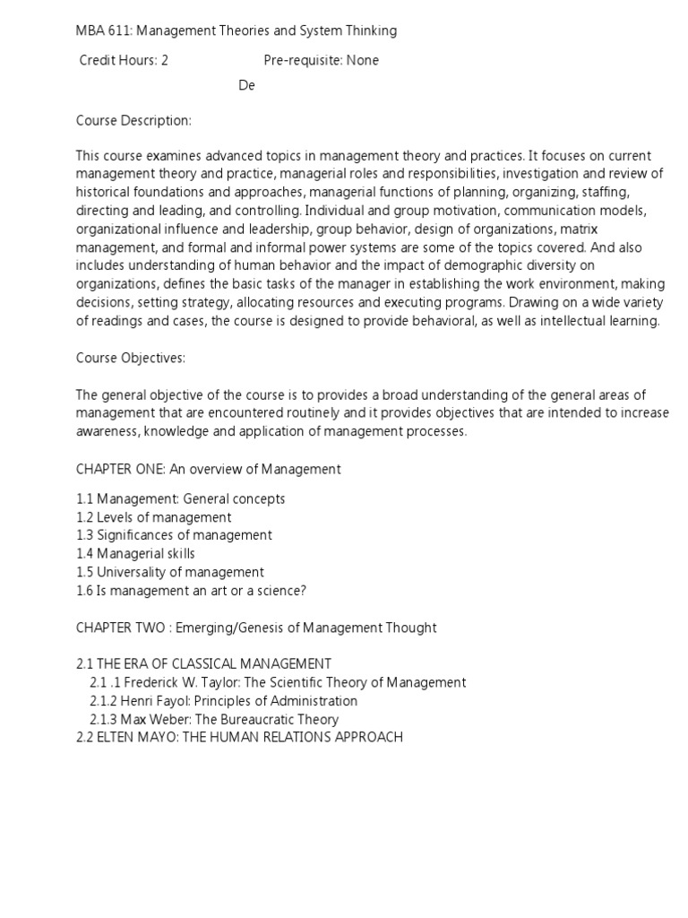 MBA 611 Management Theories and System Thinking | PDF | Leadership | Systems Theory