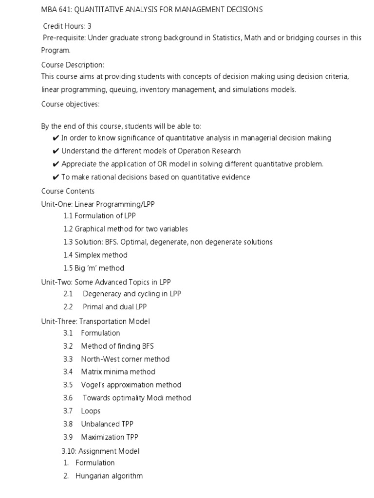 MBA Quantitative Analysis Syllabus | PDF | Linear Programming | Mathematics