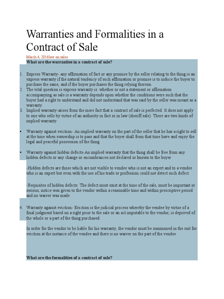 Warranties and Formalities in A Contract of Sale | PDF | Implied Warranty | Consent