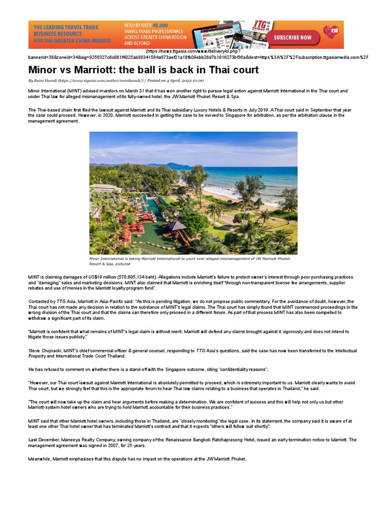 Minor Vs Marriott - The Ball Is Back in Thai Court - TTG Asia | PDF