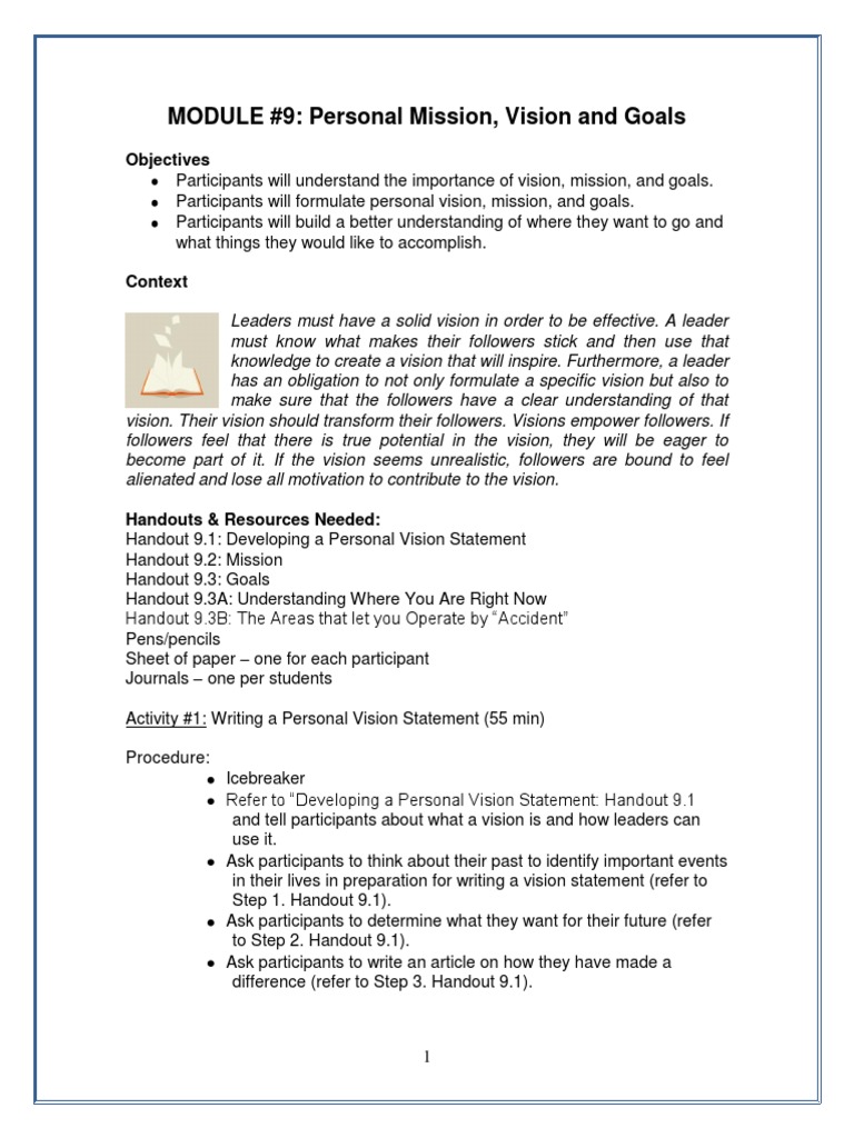 MODULE 9 Personal Mission, Vision and Goals | PDF | Goal | Behavioural ...
