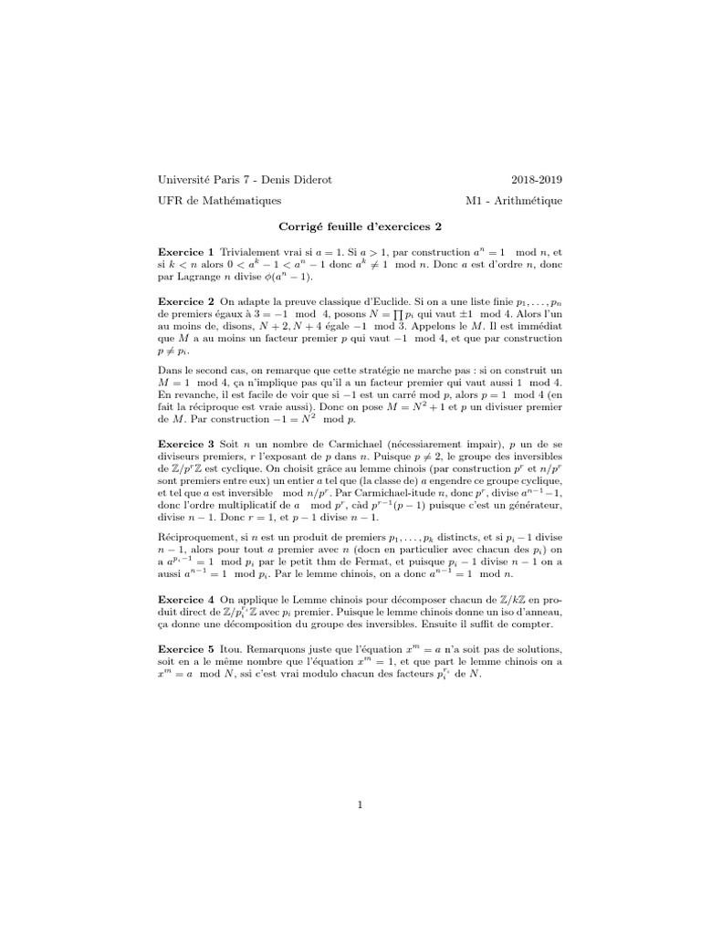 Corrigé M1 Arithmétique - Lemme Chinois | PDF | Mathématiques | Théorie ...