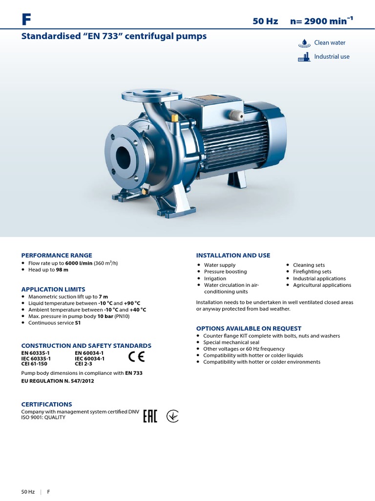 Standardised "EN 733" Centrifugal Pumps 50 HZ N 2900 Min | PDF | Pump ...
