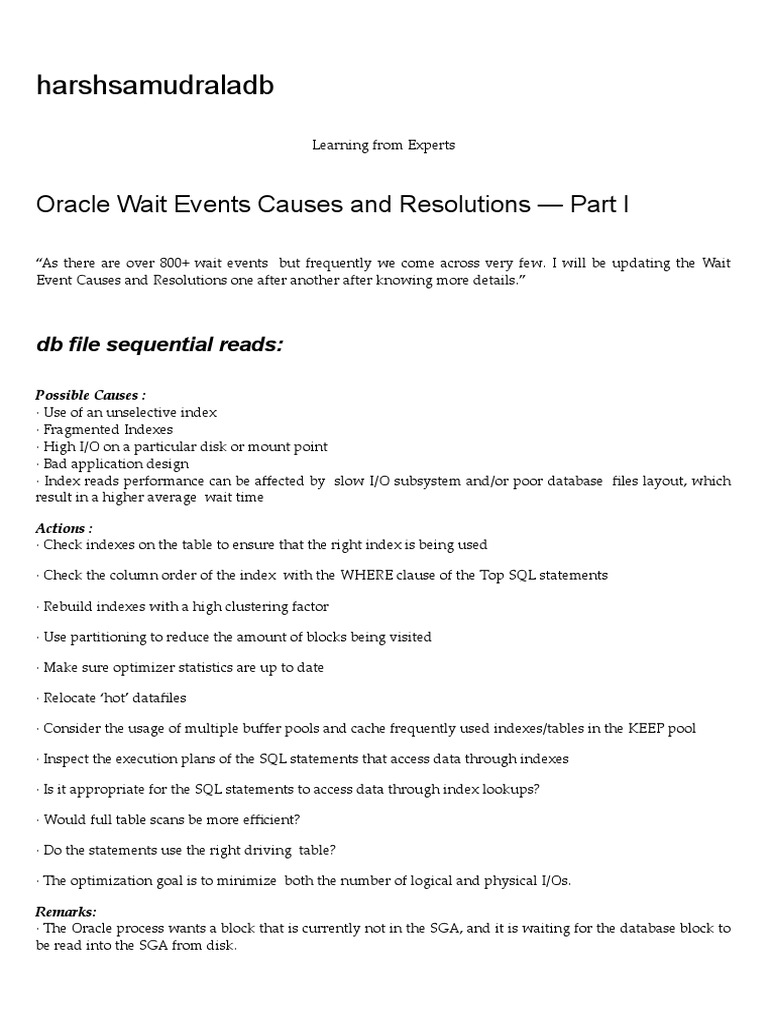 Oracle Wait Events Causes and Resolutions - Part I - Harshsamudraladb ...
