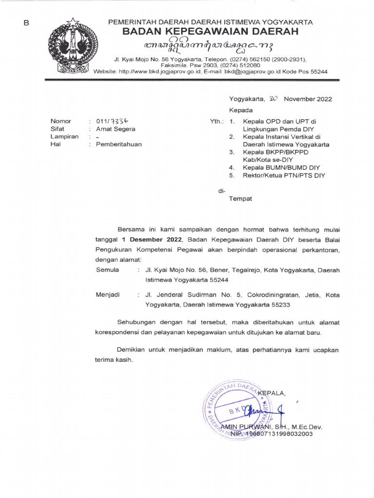Surat Keluar Pemberitahuan Pindah Gedung BKD DIY | PDF