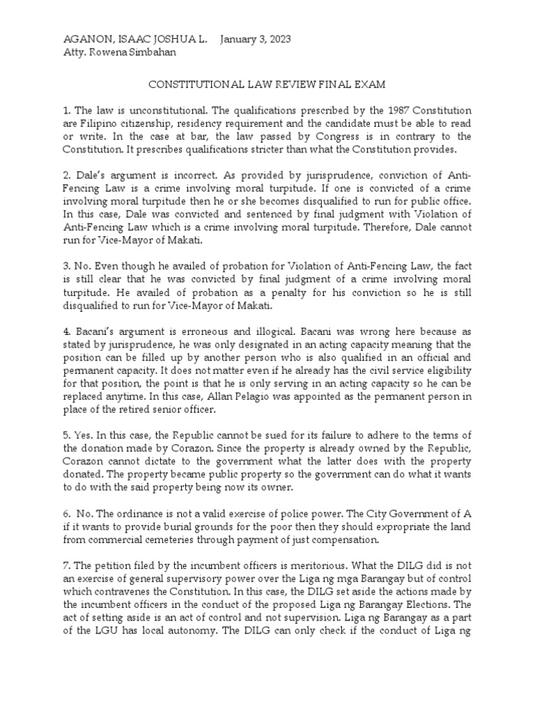 Aganon Constitutional Law Review Final Exam | PDF | Government | Common Law Aganon Constitutional Law Review Final Exam | PDF | Government | Common Law