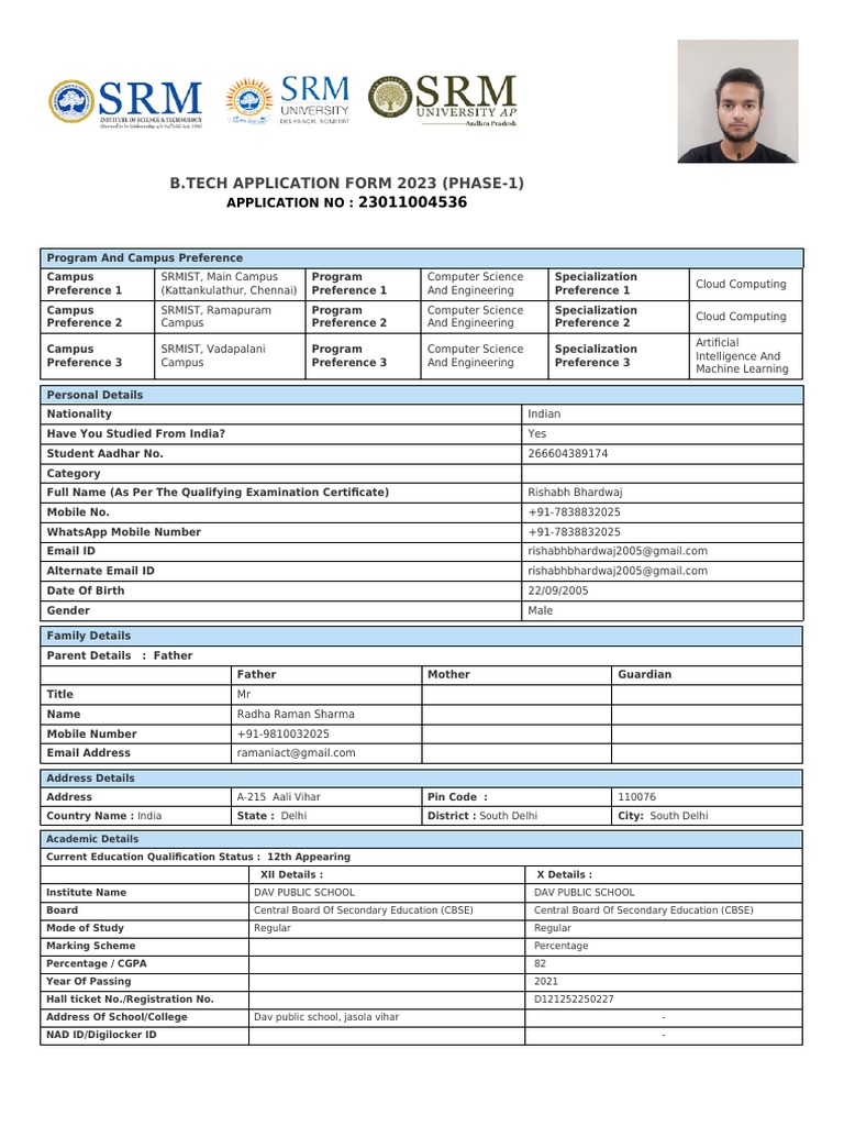 SRM Application Form | PDF