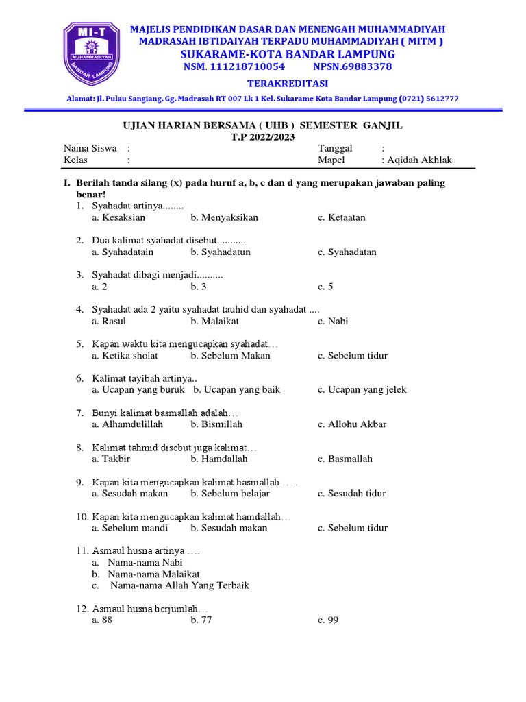 Soal Aqidah Akhlak Uhb Ganjil Kelas 1 | PDF