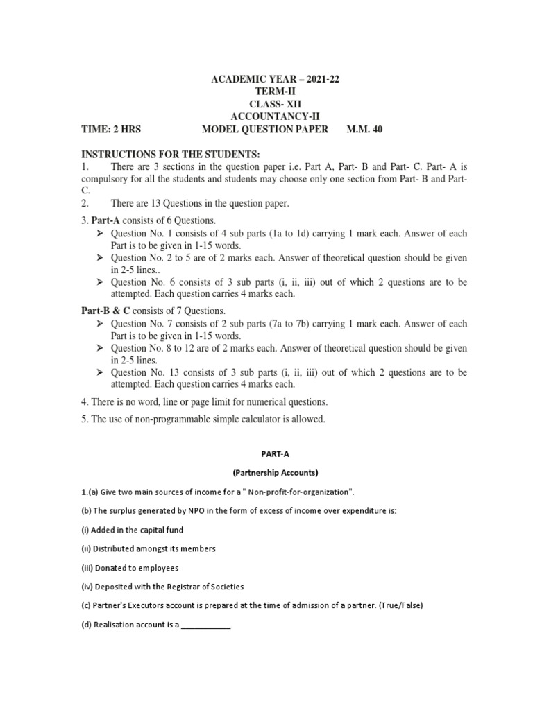 12th Accountacy Model Test Paper | PDF | Expense | Discounting