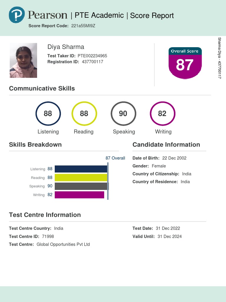PTE Academic Score Report for Diya Sharma | PDF