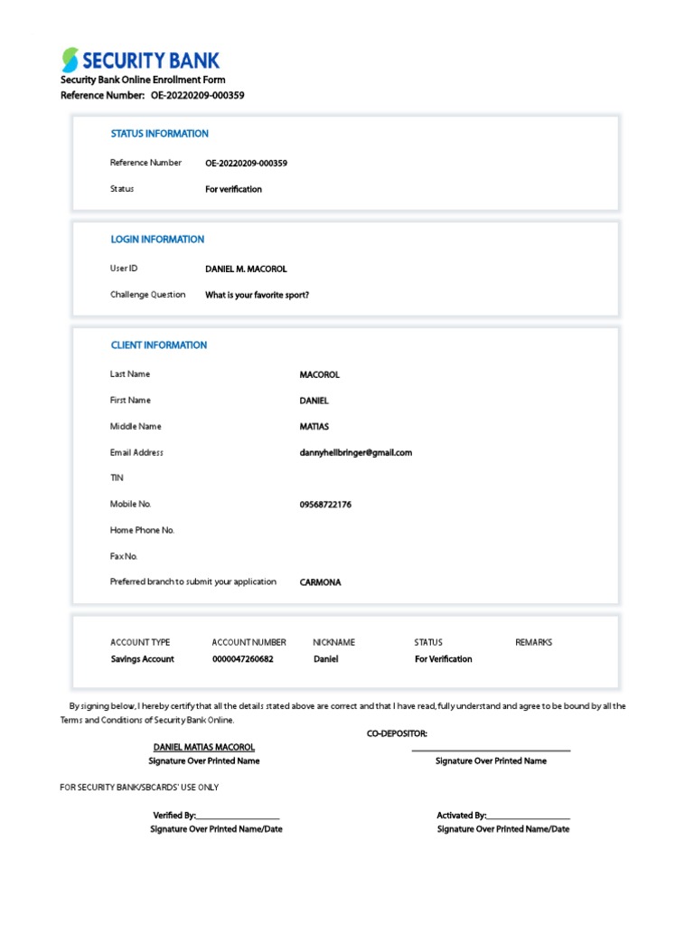 Security Bank Online Enrollment Form | PDF