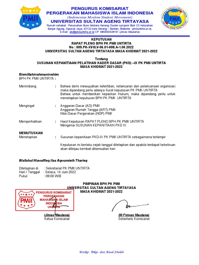 Susunan Panitia PKD IX PMII UNTIRTA | PDF
