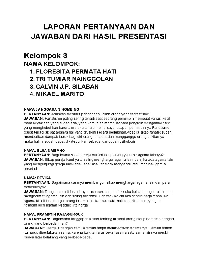 Laporan Pertanyaan Dan Jawaban Dari Hasil Presentasi Kelompok 1 | PDF