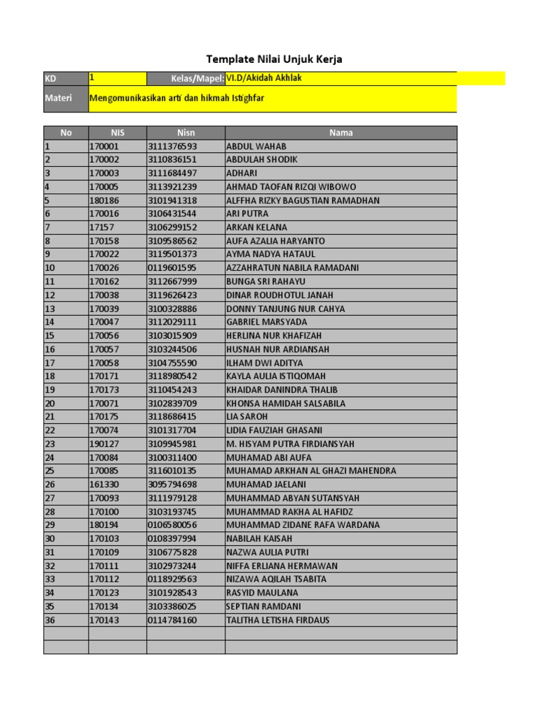 Template Nilai Akidah Akhlak VI.D | PDF