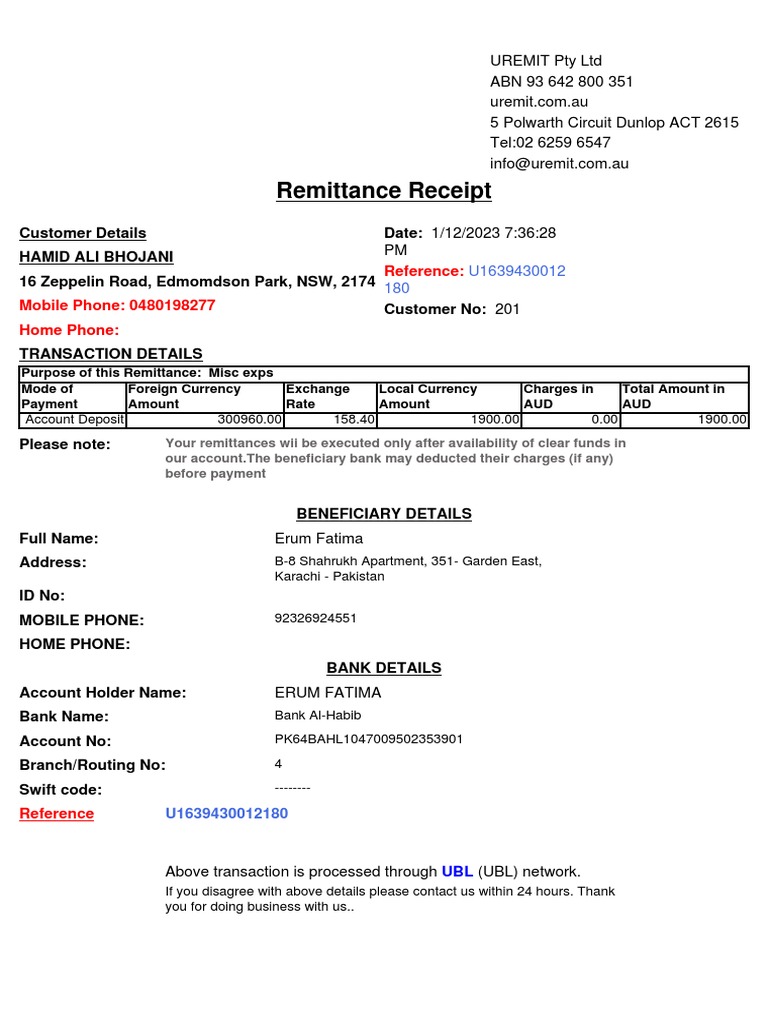 UREMIT Remittance Receipt Details | PDF