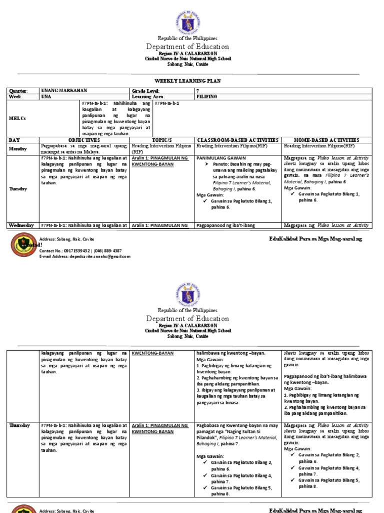 FILIPINO 7 Weekly Learning Plan | PDF