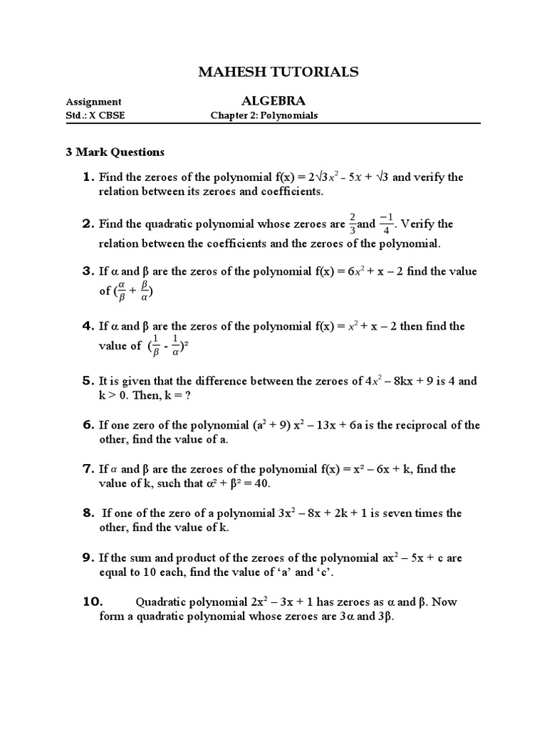 X CBSE Polynomials Assignment | PDF | Teaching Methods & Materials