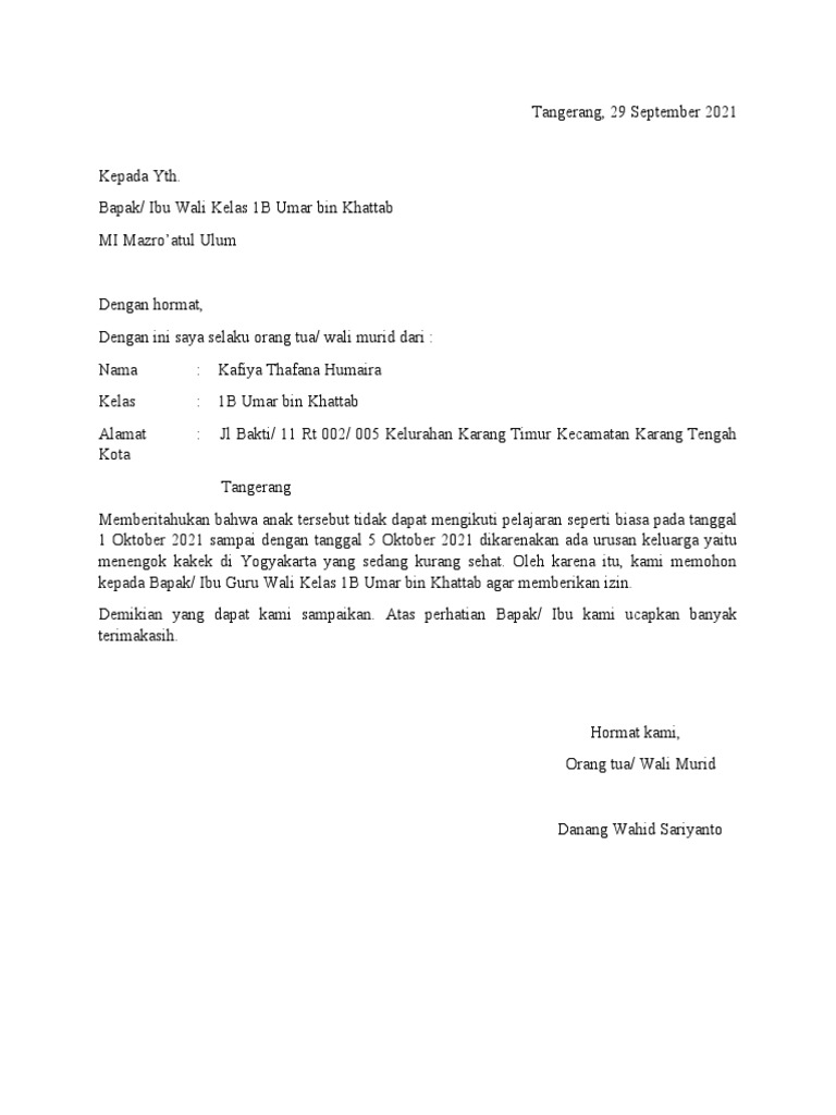 Surat Izin Tidak Sekolah | PDF