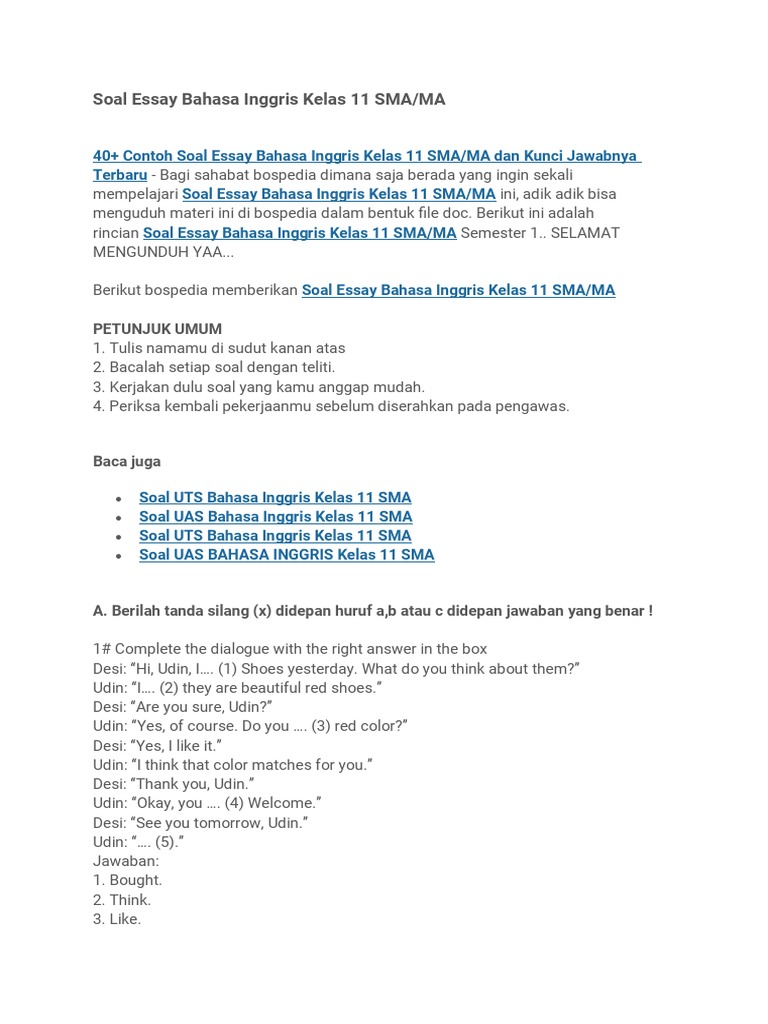 Jawaban Soal Essay Bahasa Inggris Kelas 11 SMA | PDF | Komunikasi ...