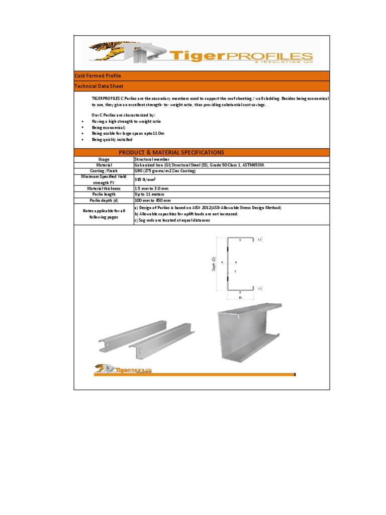 Product Specifications and Performance Data for Cold Formed Steel C-Section Purlins | PDF ...