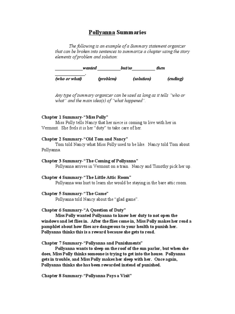 Pollyanna Chapter Summaries | PDF | Pollyanna