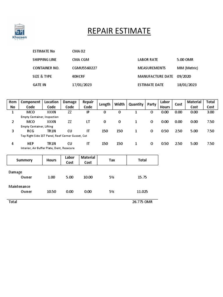 CMA 02 Container Repair Estimate | PDF