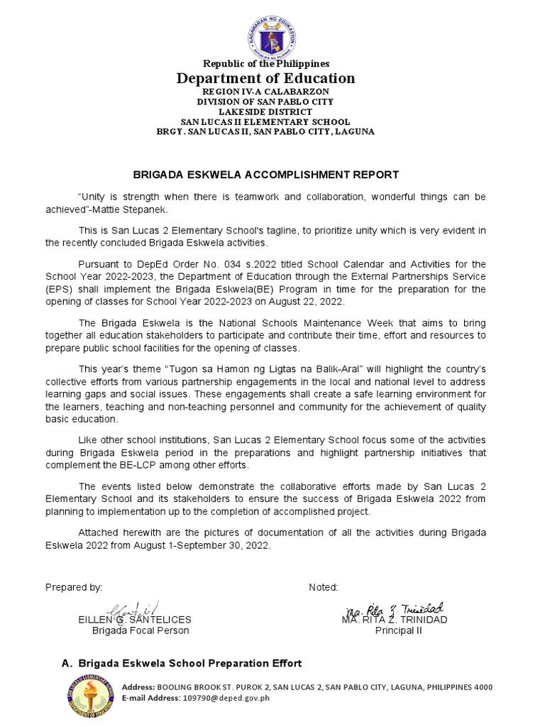 Be Accomplishment-Report | PDF | Schools | Teachers