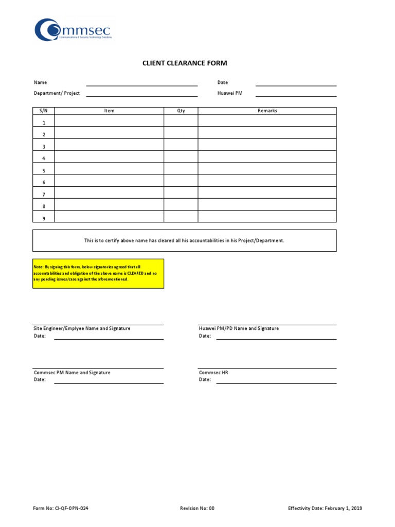 SS Project Clearance Form Huawei | PDF