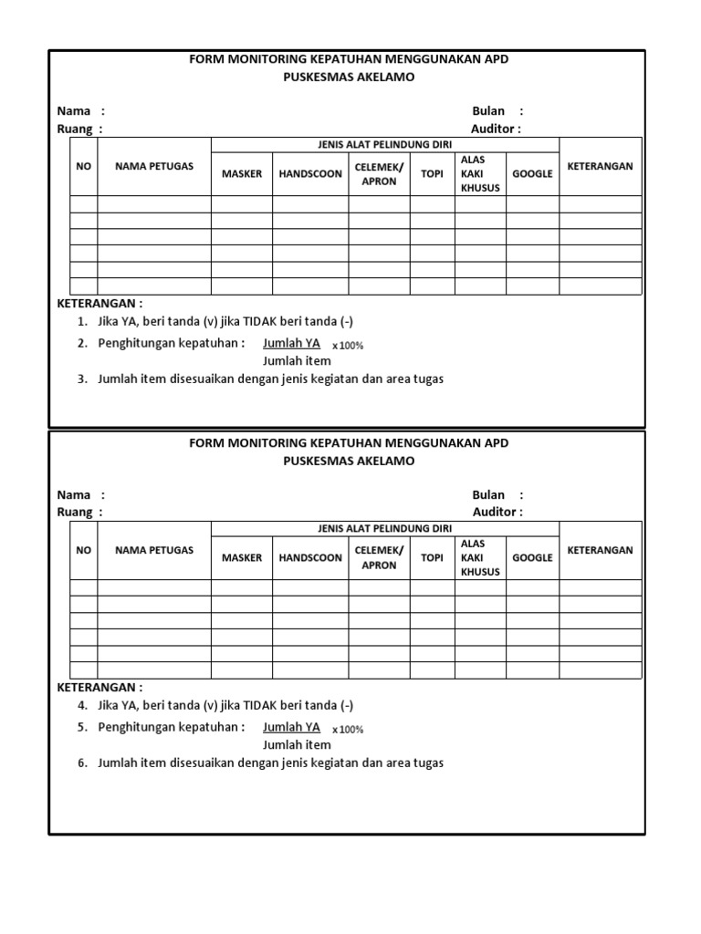 Form Monitoring Kepatuhan APD Puskesmas | PDF