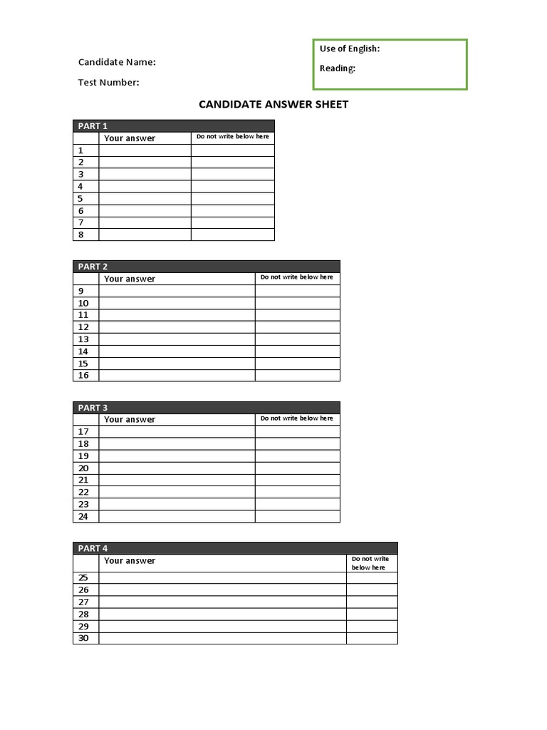 Candidate Answer Sheet: Candidate Name: Test Number | PDF